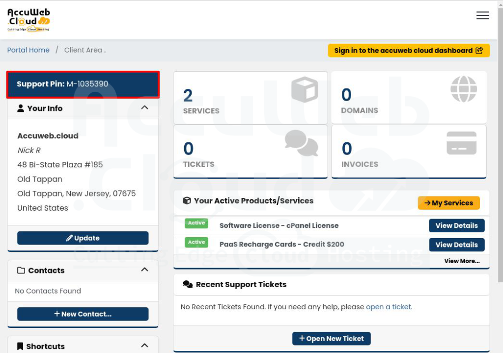 How to check the Support Pin from the AccuWeb.Cloud client area?